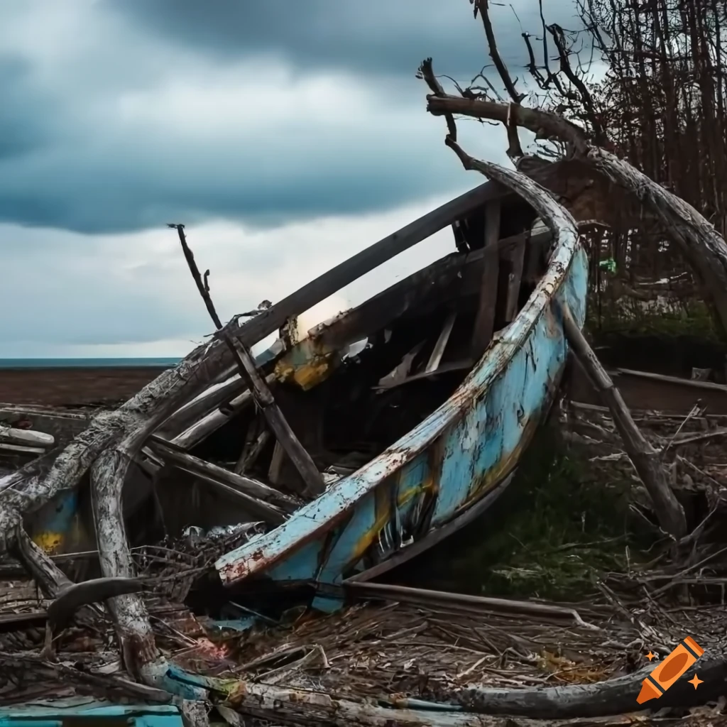 Destroyed boat hidden under branches in a chaotic junk-filled landscape ...