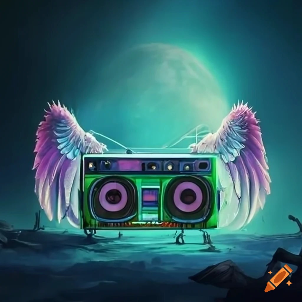 Boombox with wings in a mystical futuristic planet inspired by roger ...