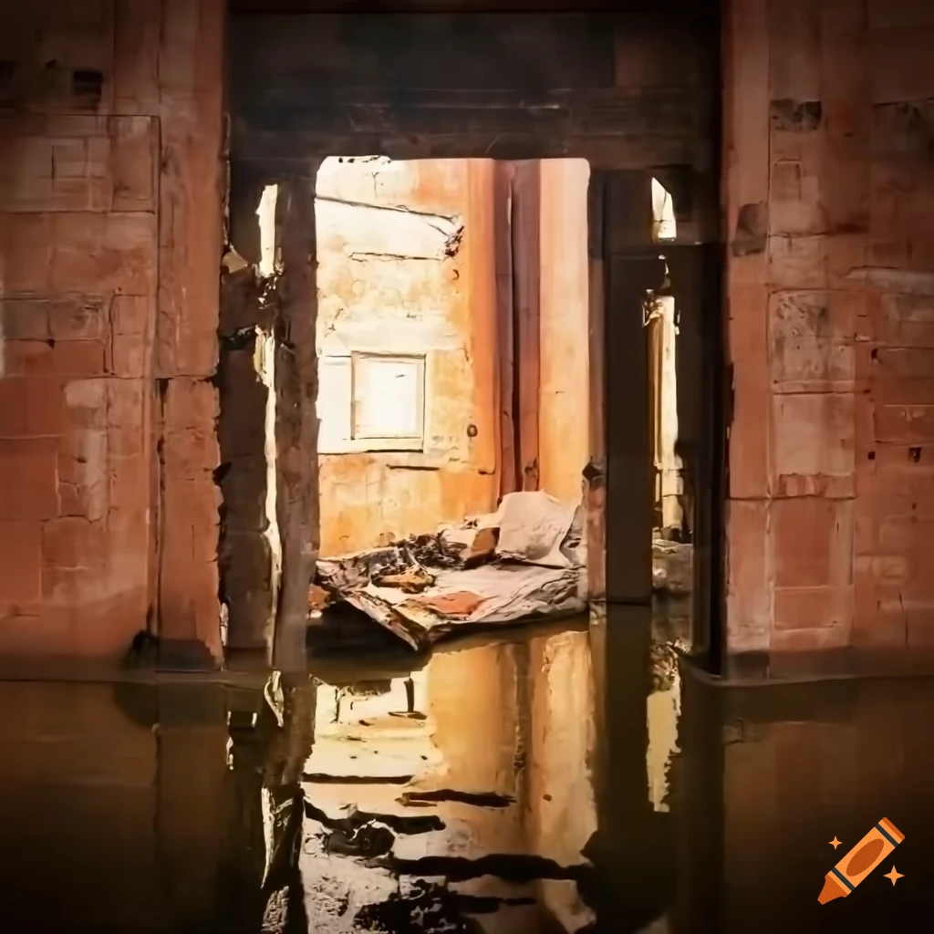Destroyed couch in flooded brick doorway with abandoned buildings ...