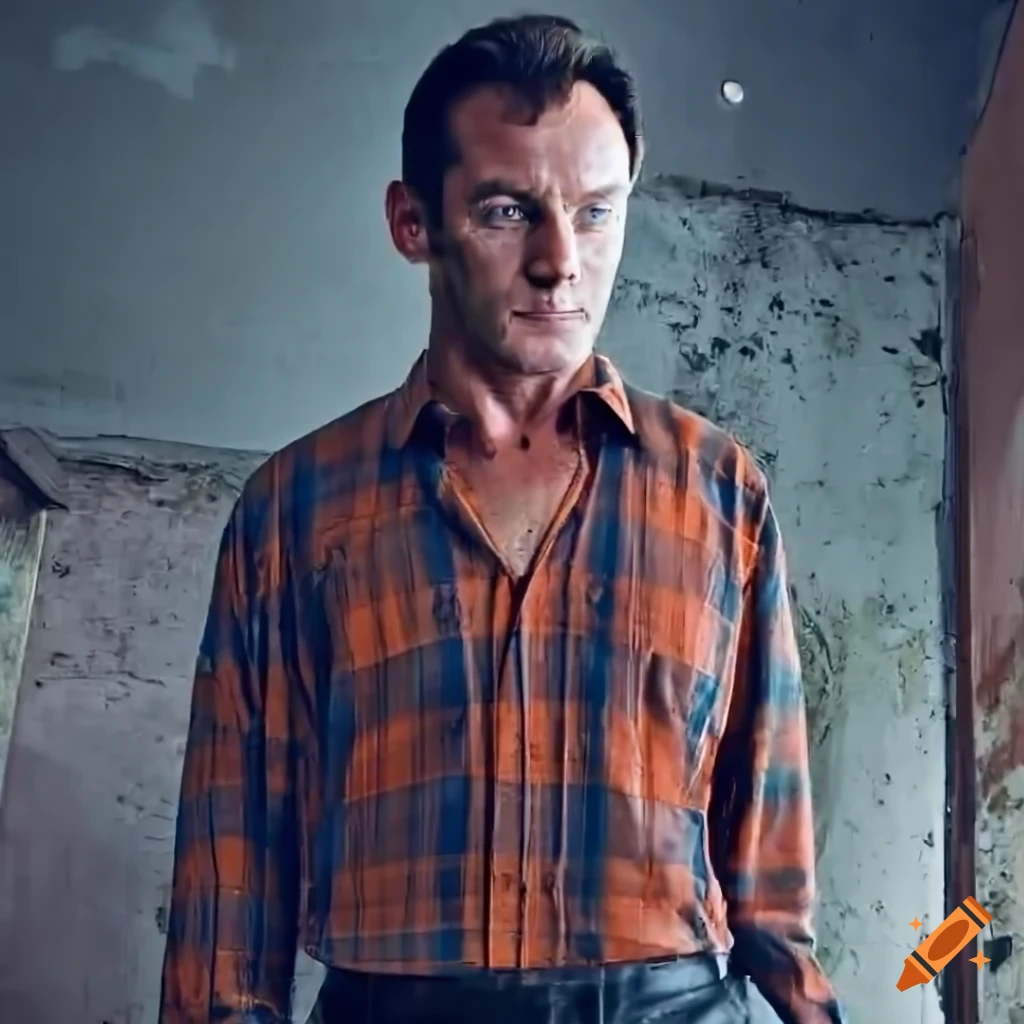 Actor resembling jason isaacs at 20 in an orange plaid shirt and high ...