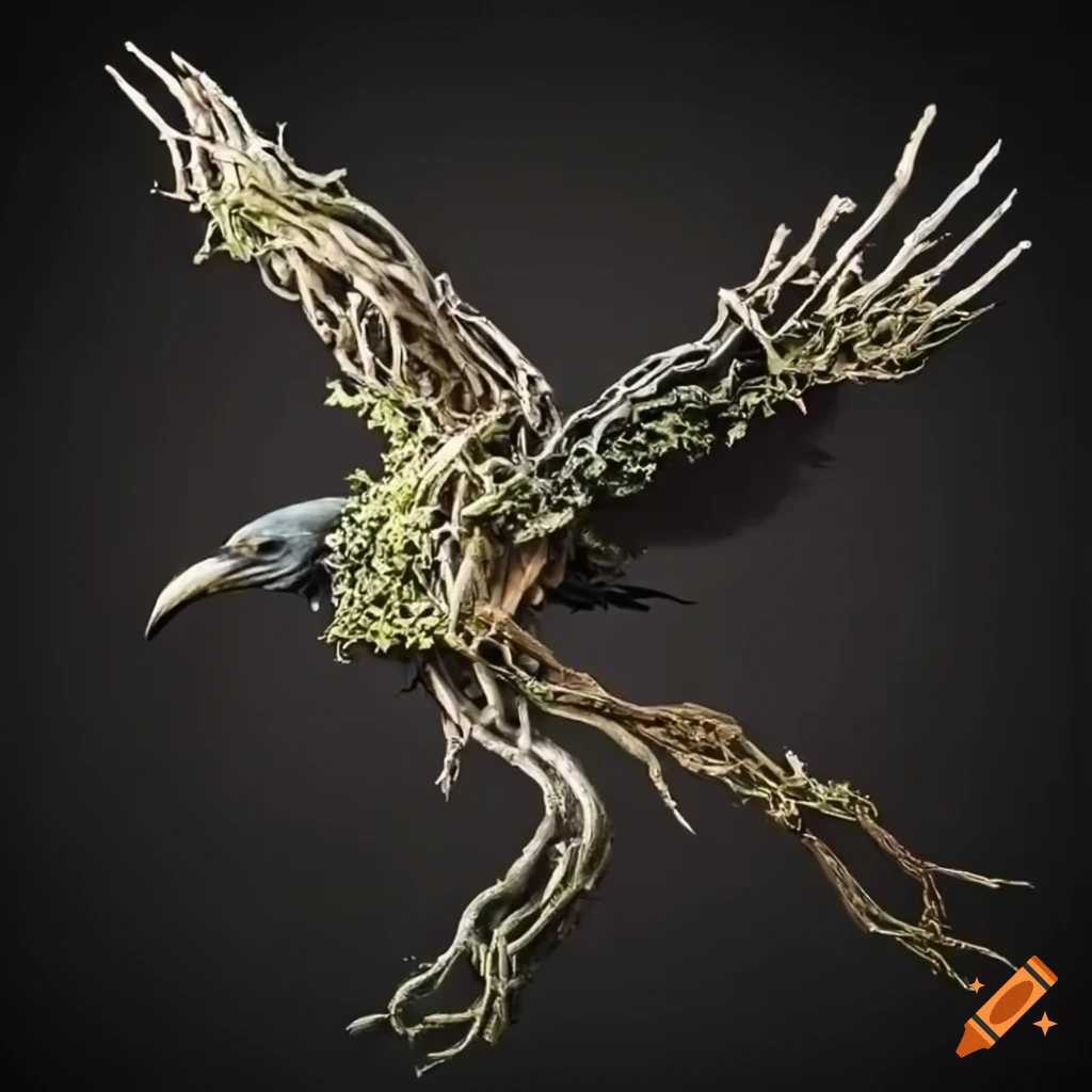 Cubist bio-mechanical raven in flight made from roots and branches with ...