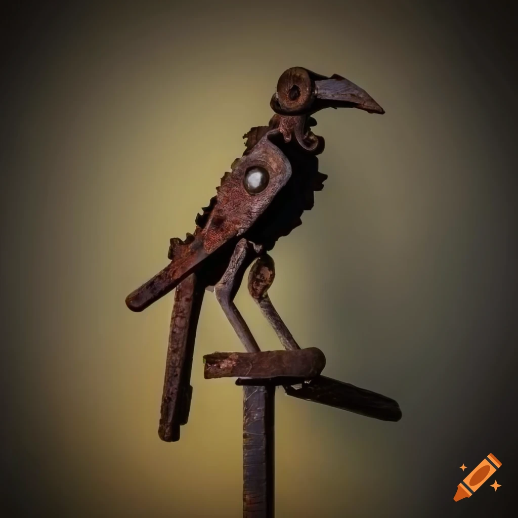 Mechanical crow made of rusty scrap metal parts with moss and lichen on ...