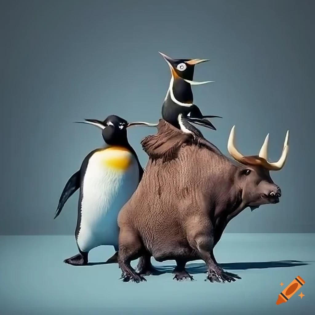 Three penguins riding a bull on Craiyon