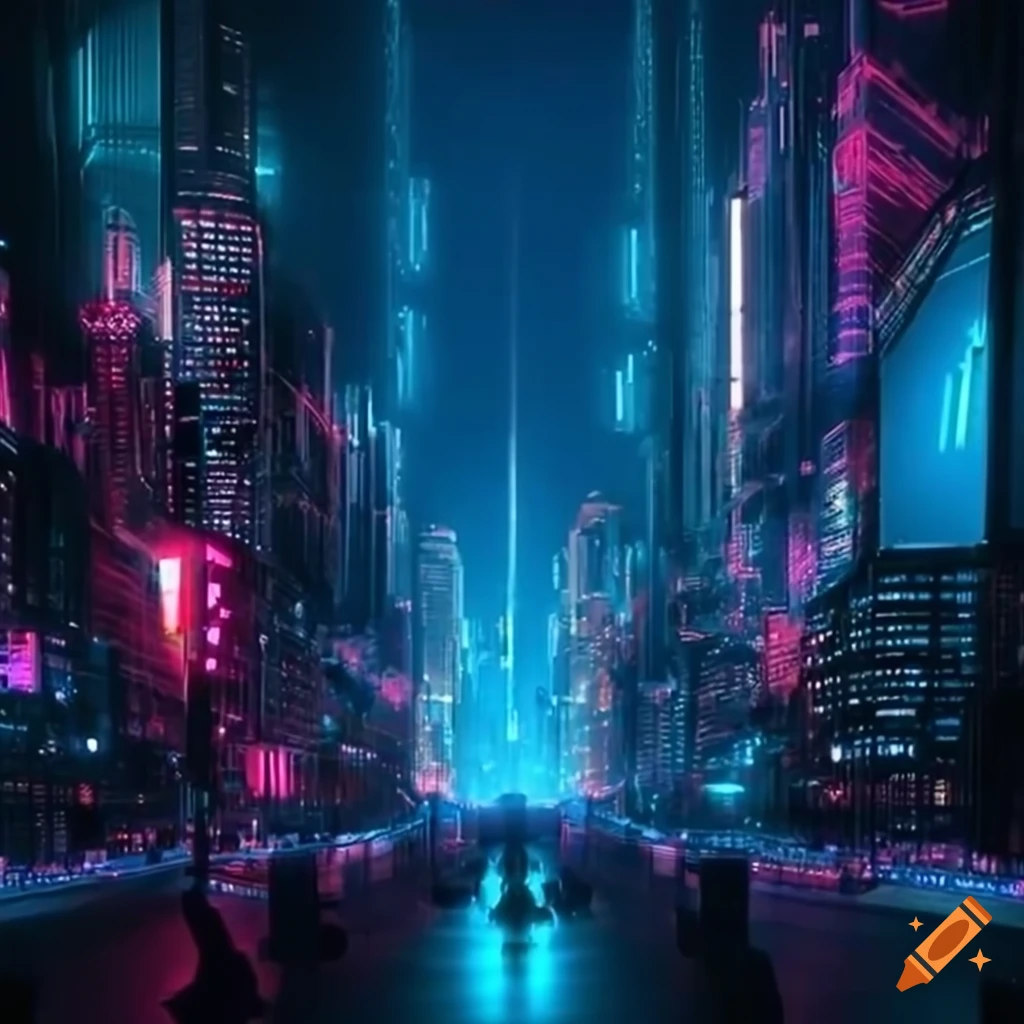 Futuristic cityscape with neon lights and holographic ads on Craiyon