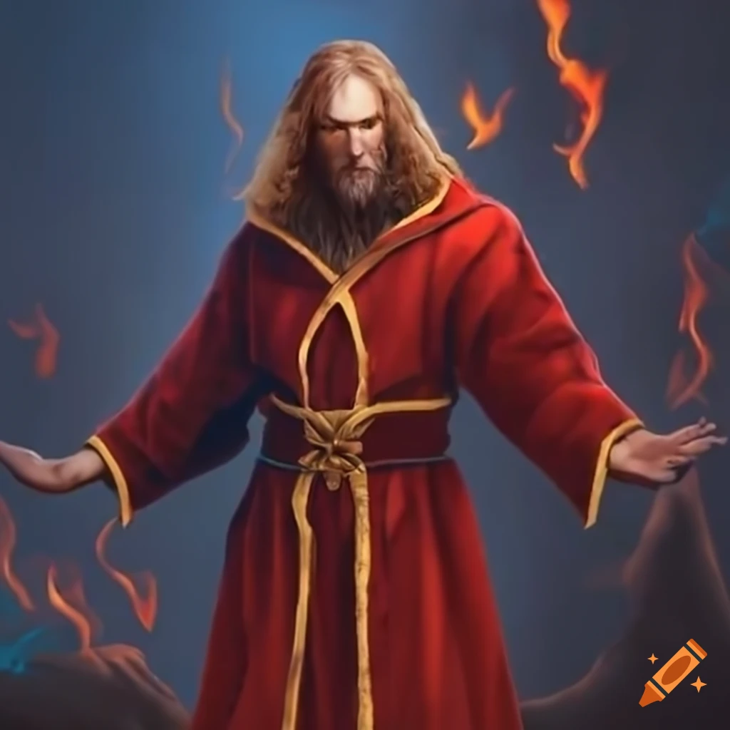 Wizard in red robe casting fire in 4k resolution on Craiyon