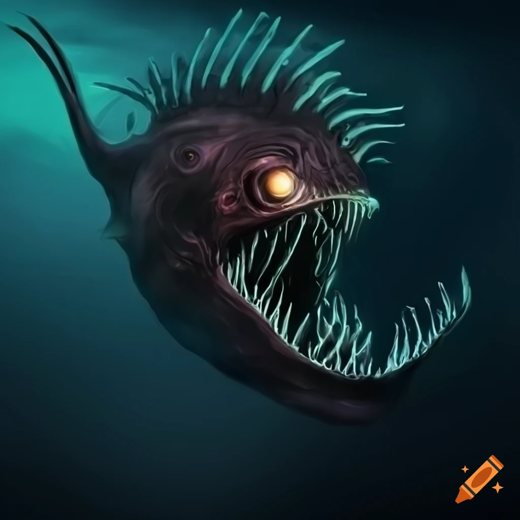 Muscular humanoid anglerfish deep sea monster portrait with glowing ...