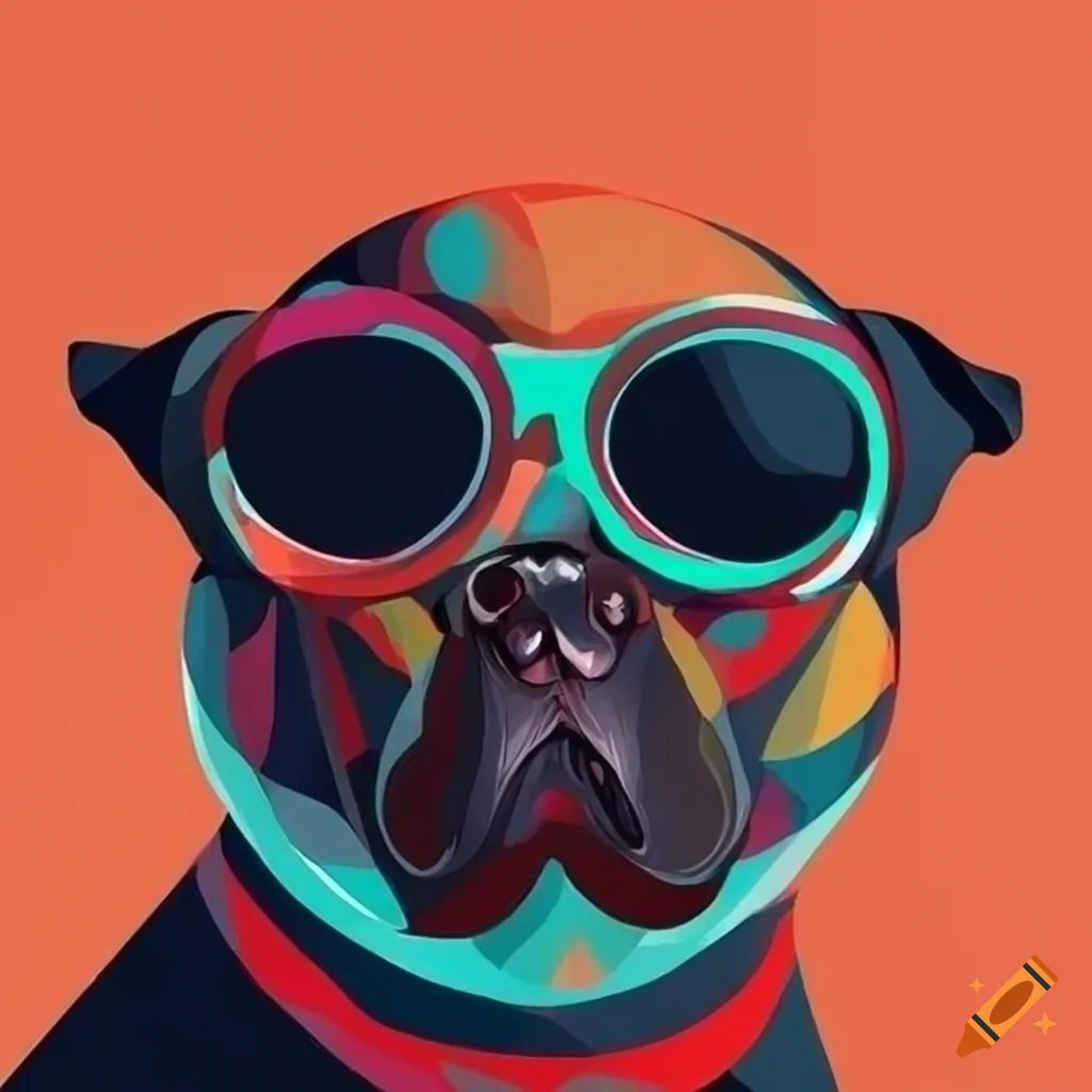 Dog in red and black geometric abstract art with colorful goggles on ...