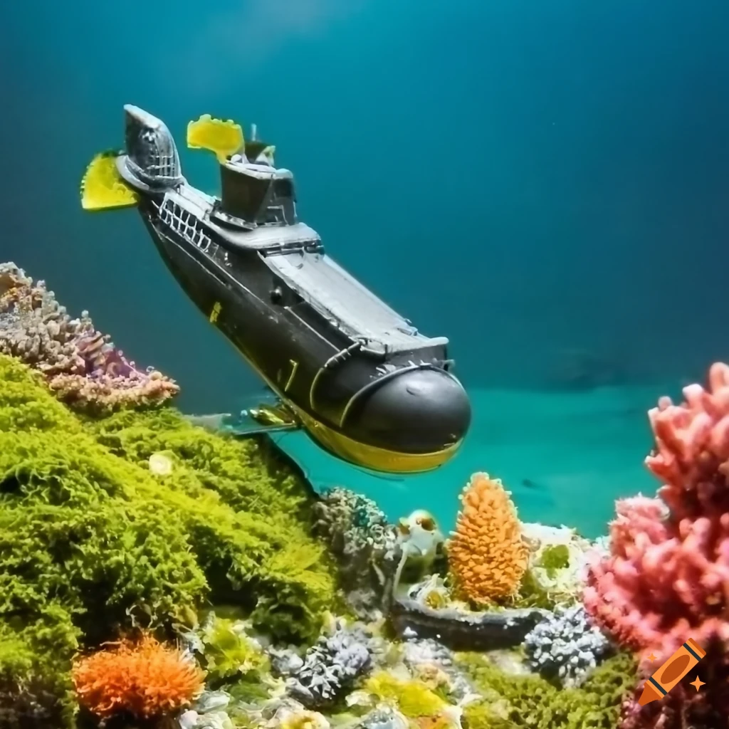 Miniature submarine in moss and coral setting on Craiyon