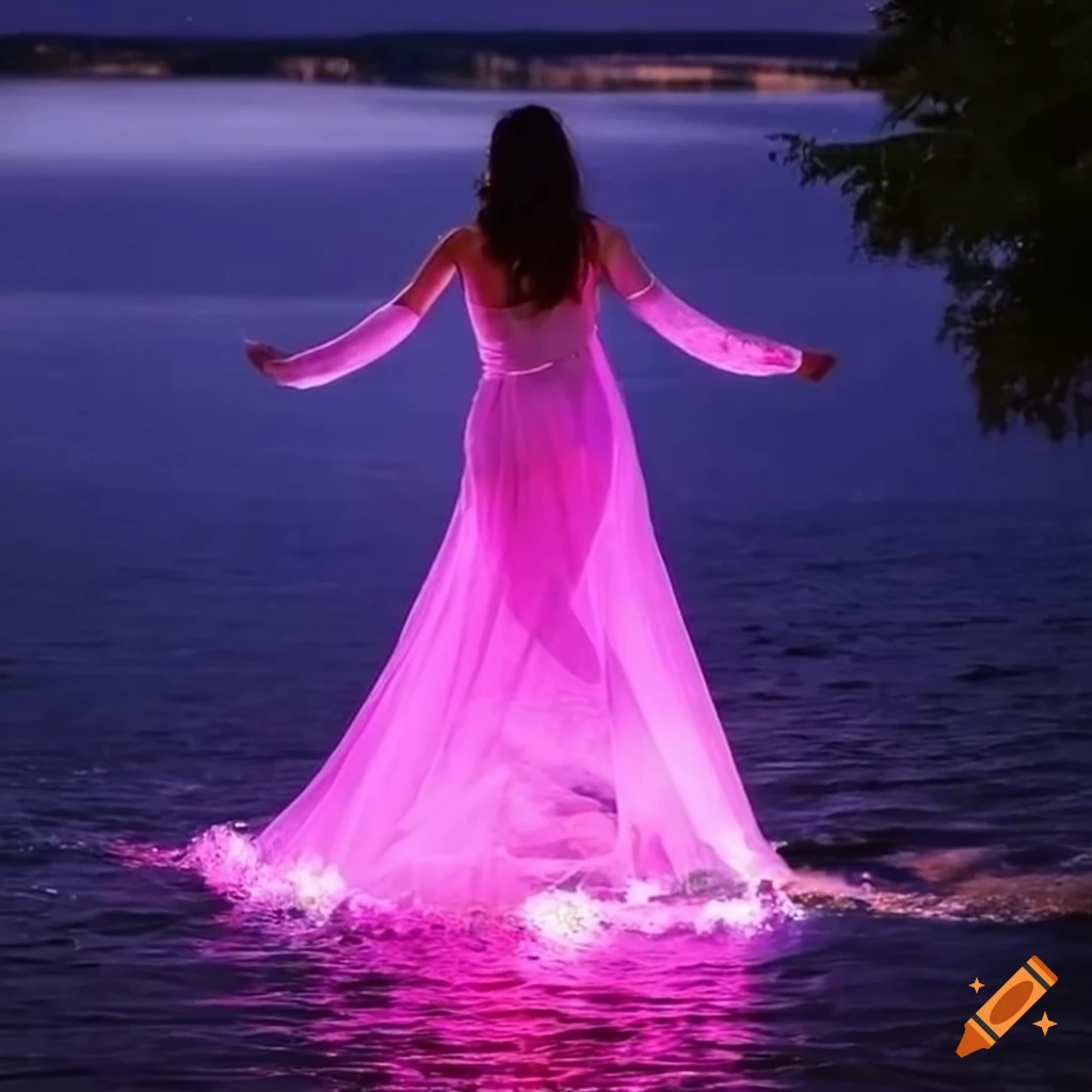 Woman in pink magic dress with butterfly wings standing in a lake on ...