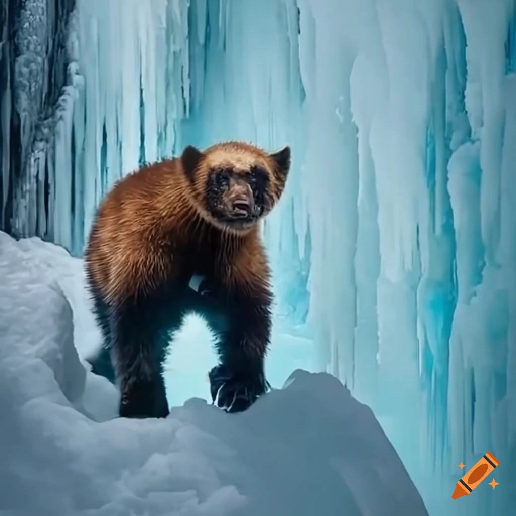 Wolverine climbing a frozen waterfall with ice axes on Craiyon