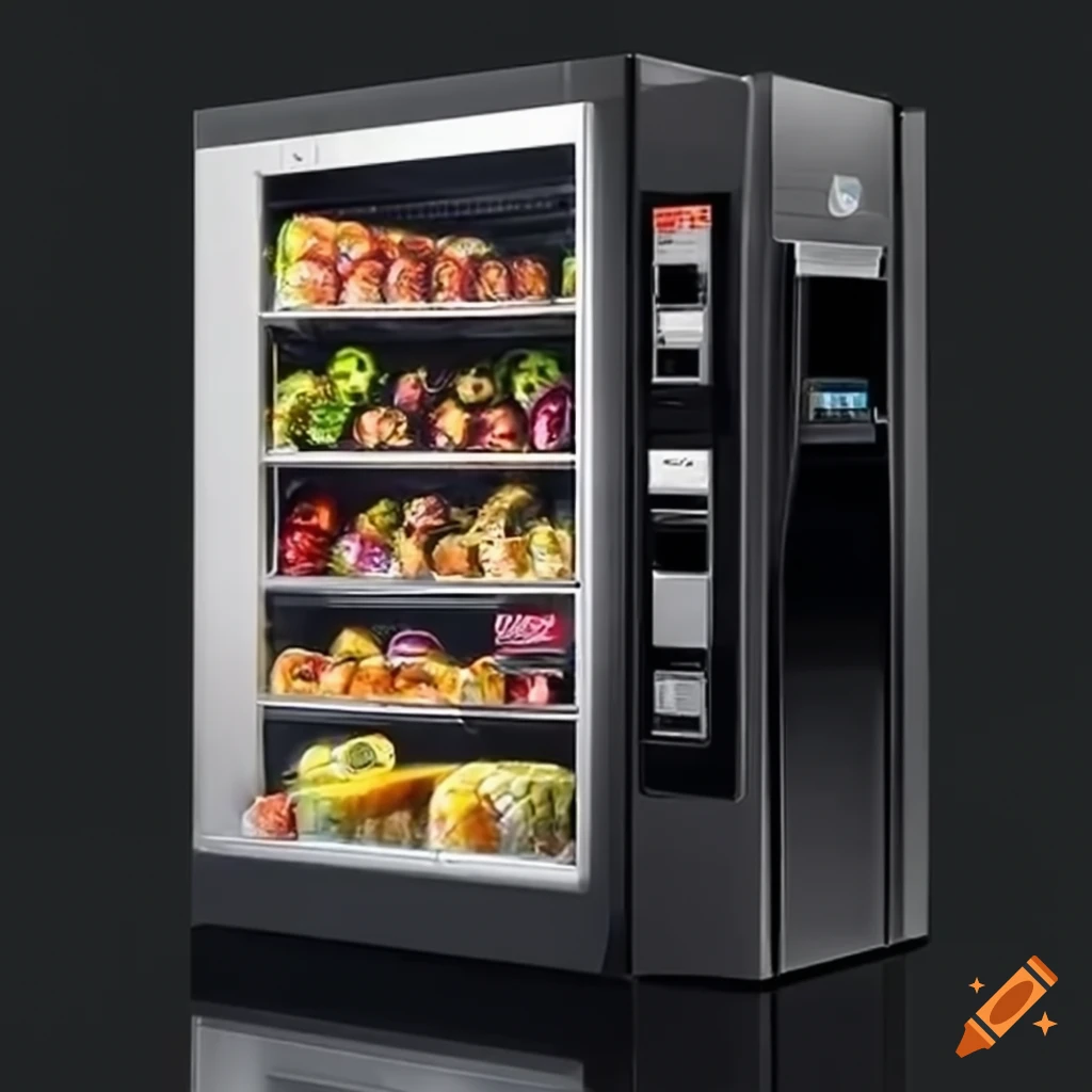 Innovative vending machine fridge with various food options on Craiyon
