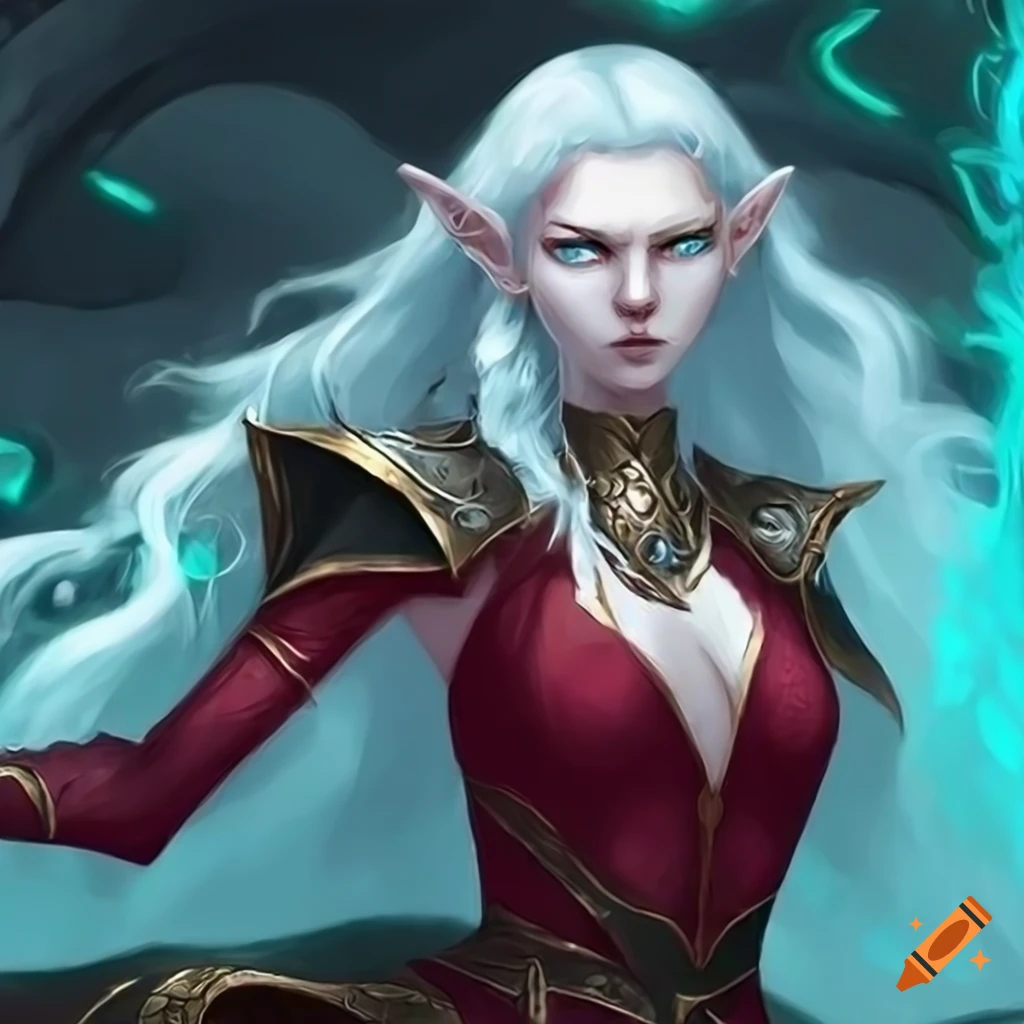 Powerful and wise elf sorcerer with long white hair in detailed character art on Craiyon