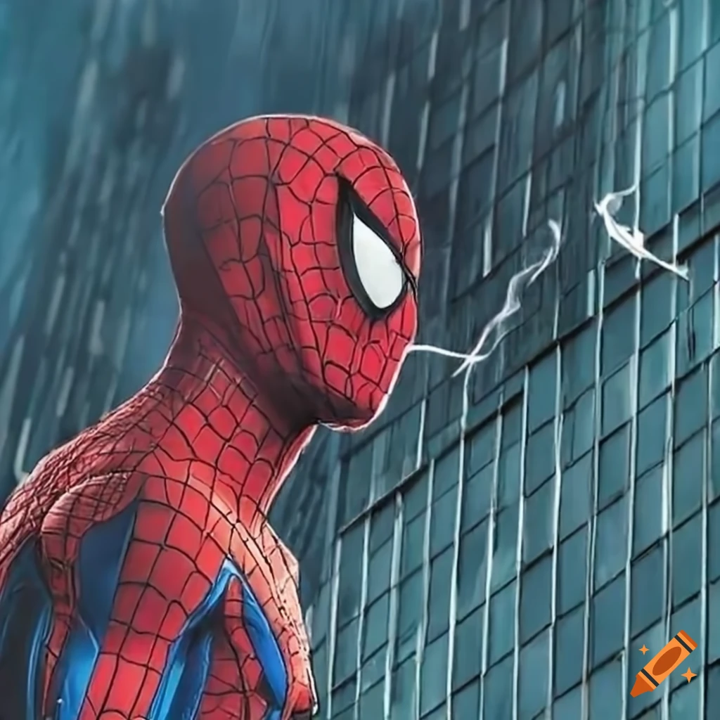 Spiderman smoking on top of a building in the rain on Craiyon