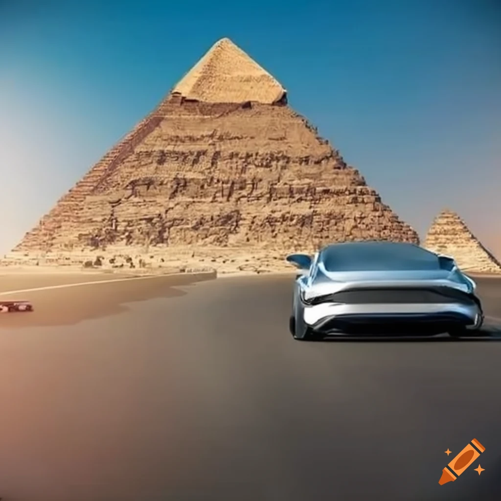 Sleek modern car with Egyptian pyramids and city backdrop on Craiyon
