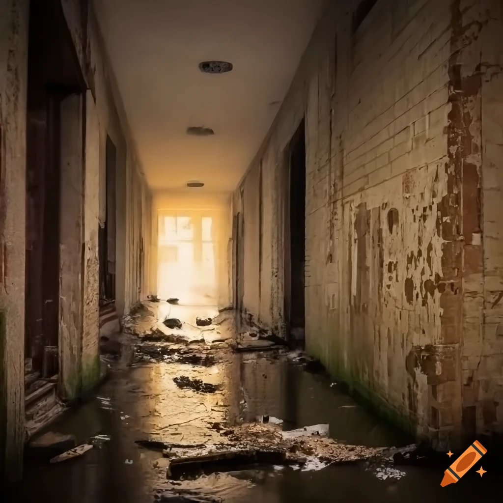 Close-up view of flooded corridor with sinking buildings in dramatic ...
