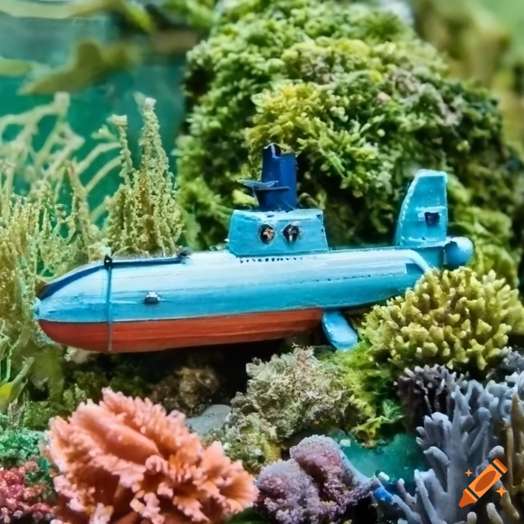 Miniature submarine in moss and coral setting on Craiyon