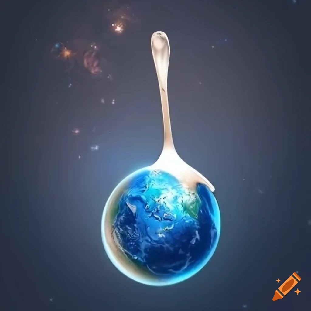Illuminated silver spoon melting in space over planet Earth on Craiyon