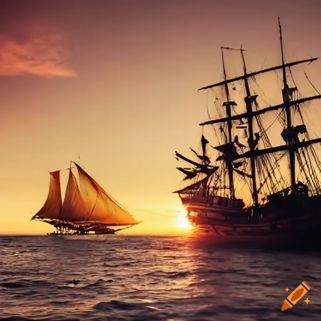 Emotional goodbye scene with people waving on vintage ships at sunset ...