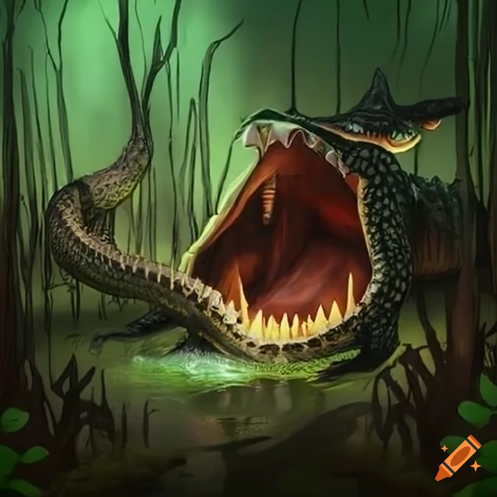 Enchanting witch in a swamp with pet alligators on Craiyon