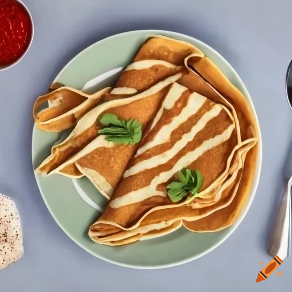 Plate of crepes with chicken viewed from above on Craiyon