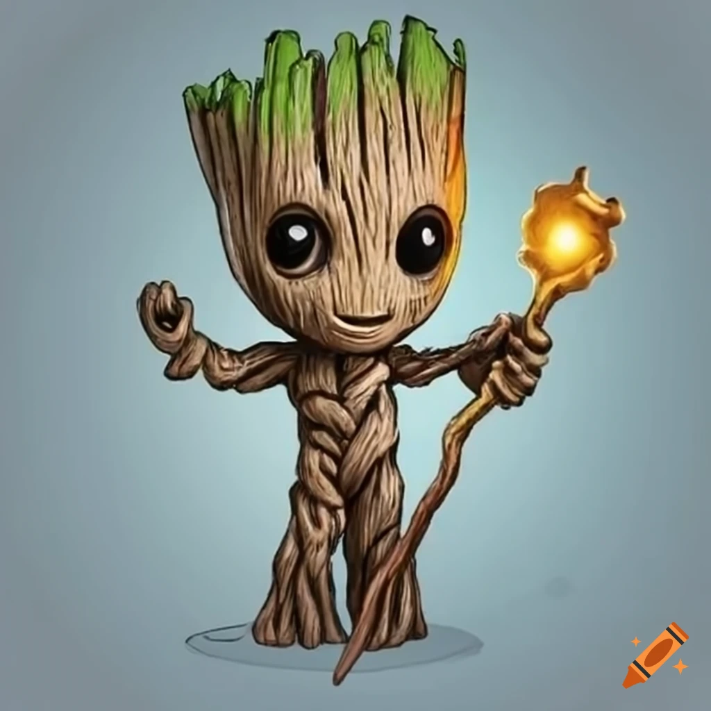 Chibi groot holding a magical staff on Craiyon
