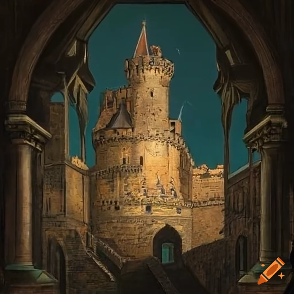 Wide angle view of a dark castle with towers, portcullis, and windows ...