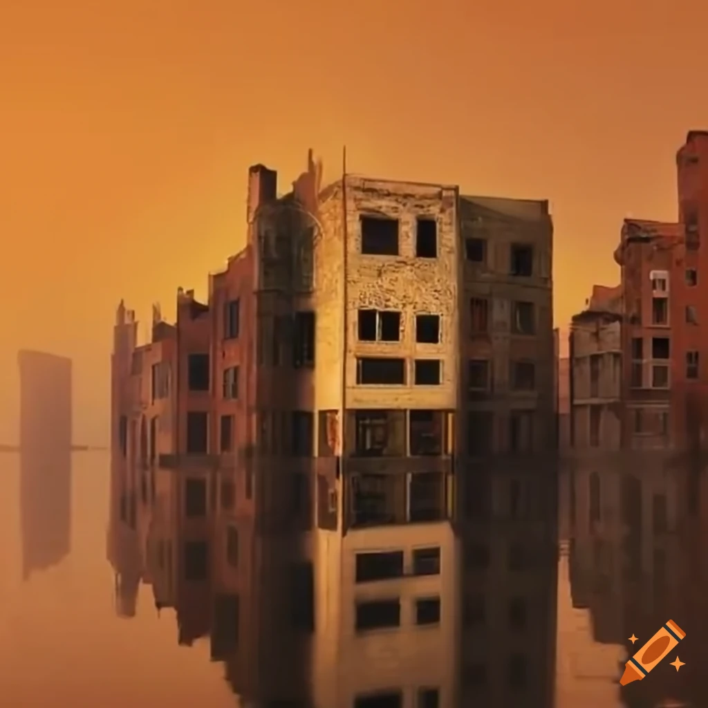 Downward view of flooded abandoned buildings sinking into ocean in a ...