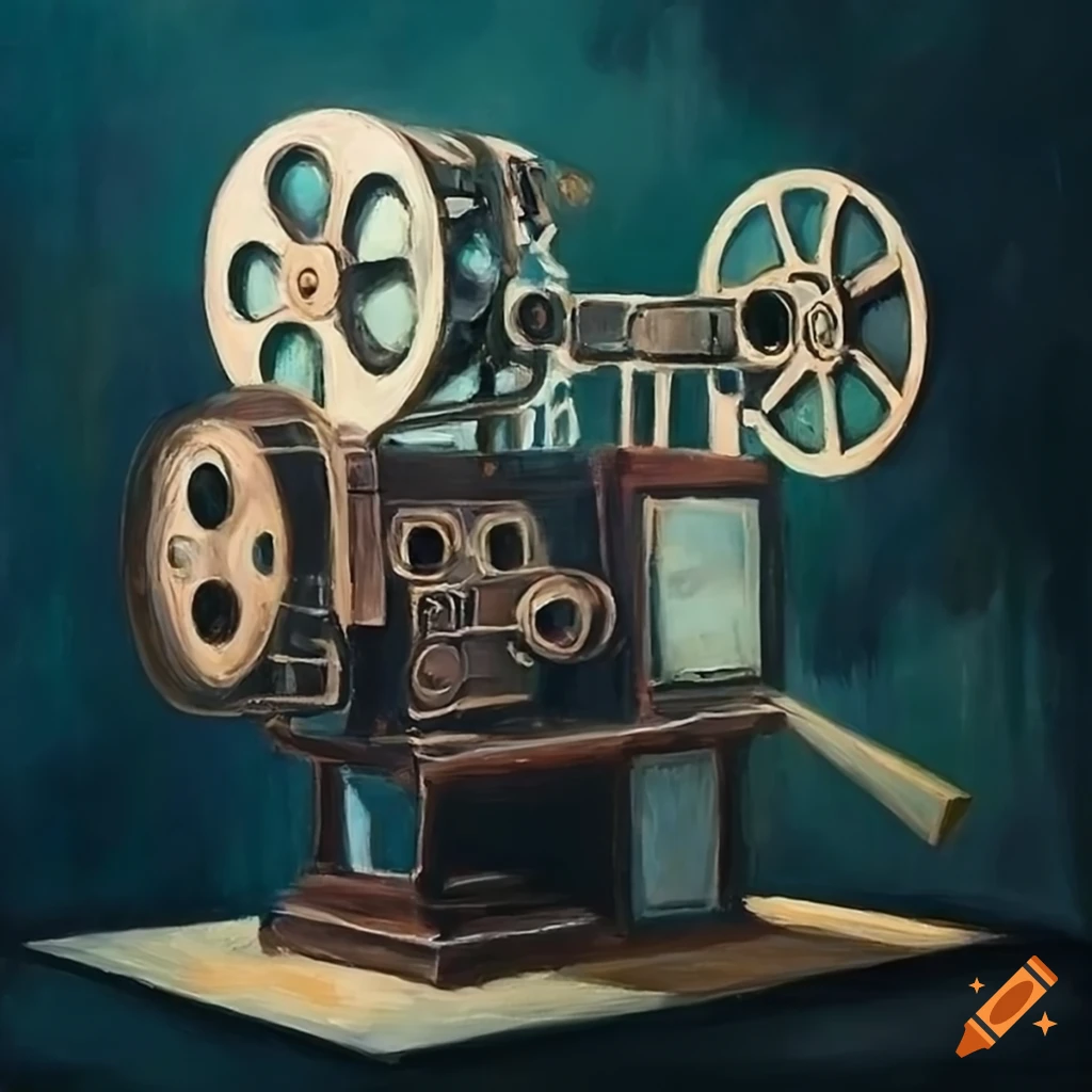Old style movie projector depicted in an oil painting on Craiyon