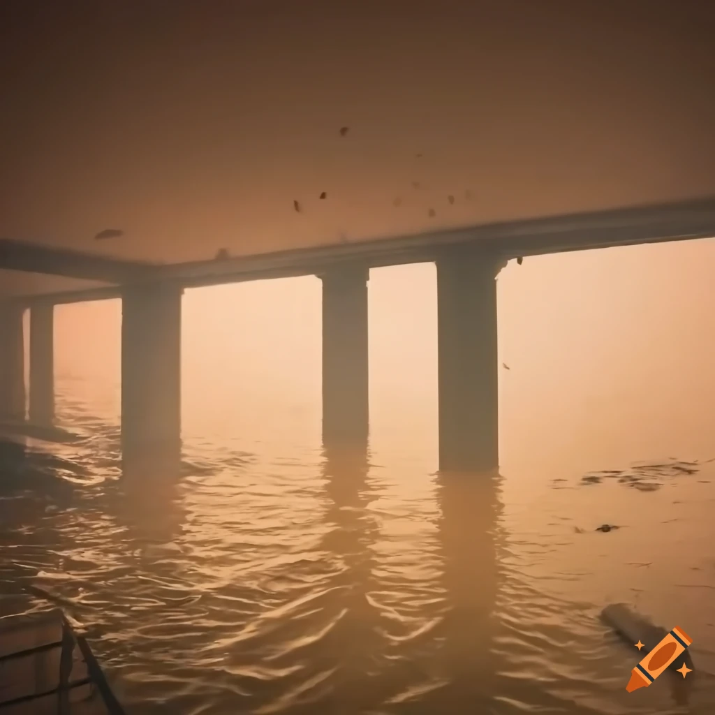 View of flooded rooftop with abandoned buildings sinking into ocean in ...