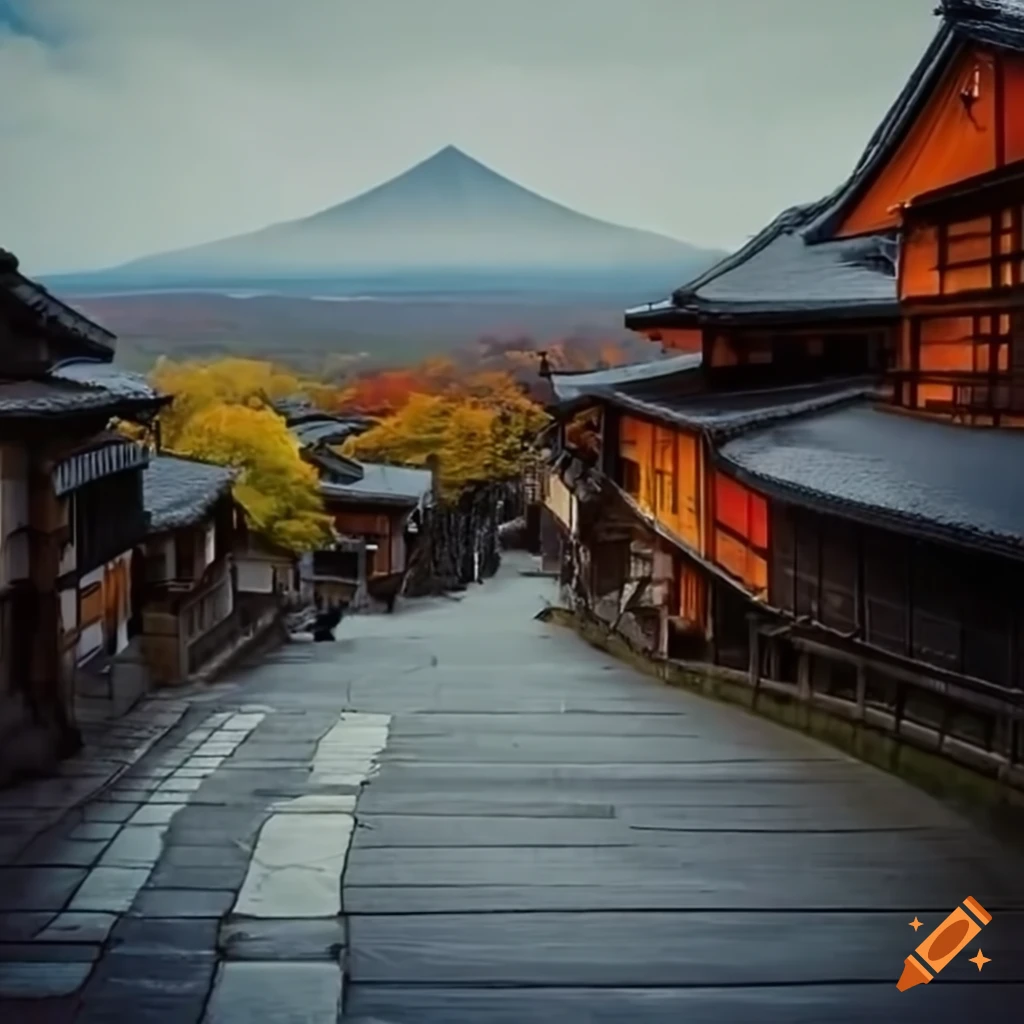 Autumnal scene of a traditional Japanese village at Mount Fuji's foot ...