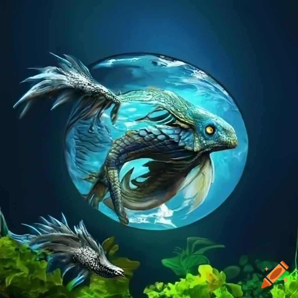 Earth dragon circling fish above pond on Craiyon