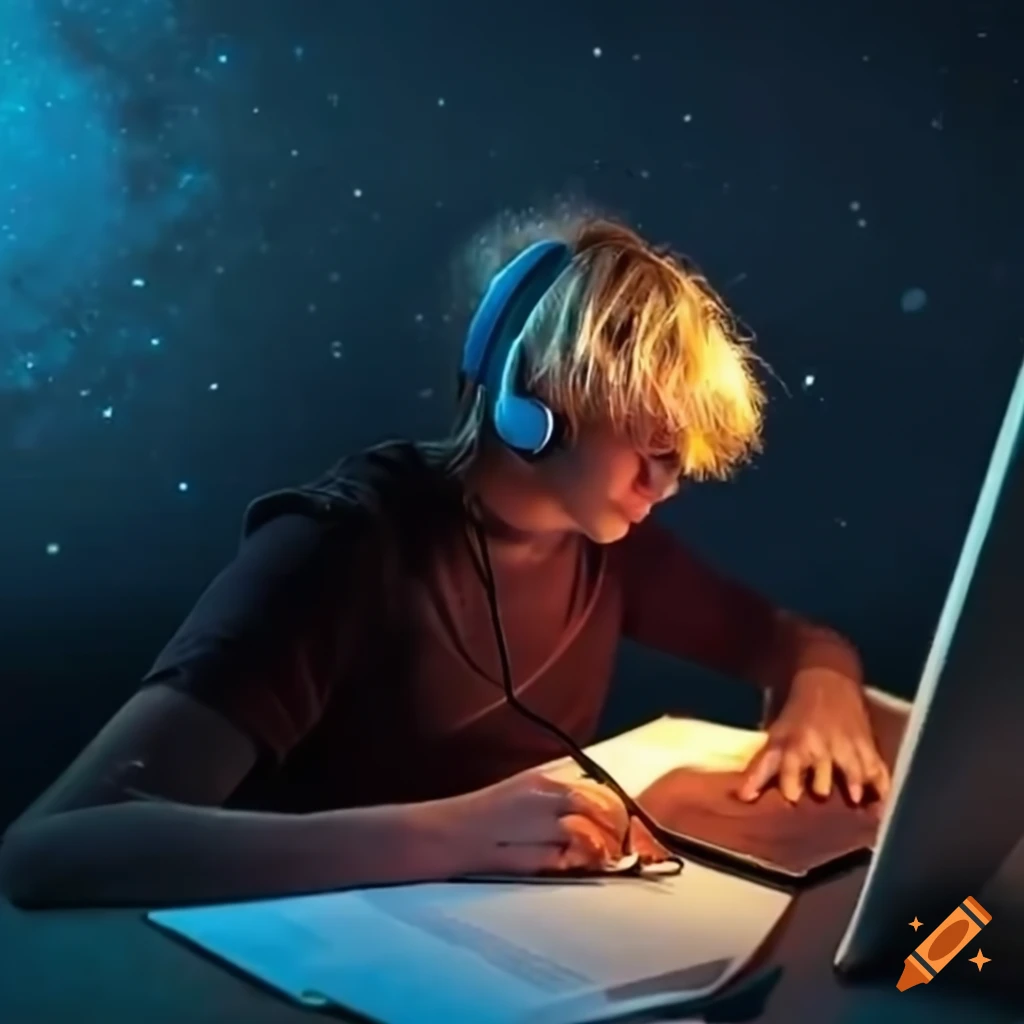 Guy with blond hair in bun coding at night with starry sky outside on ...