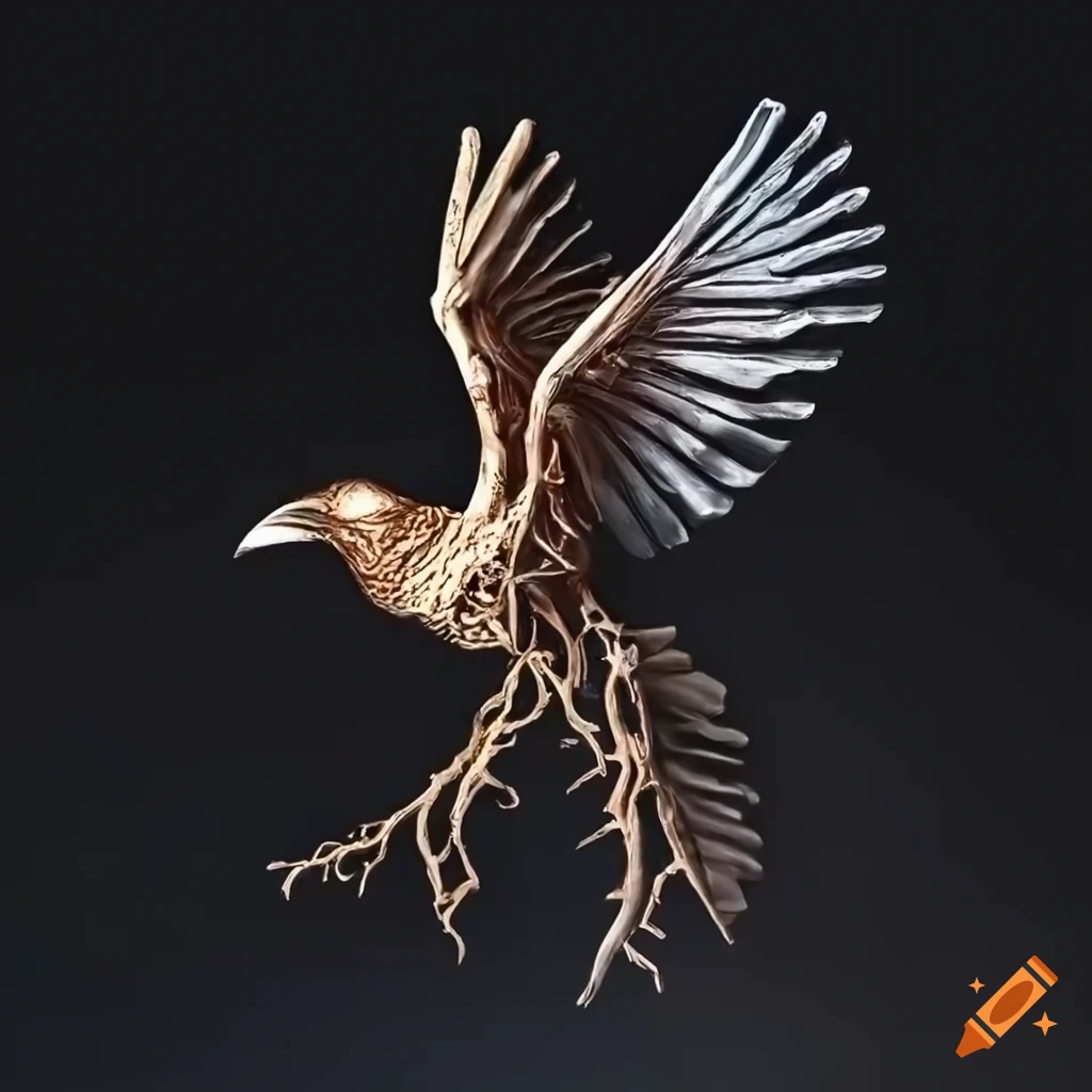 Cubist bio-mechanical raven in flight made from twisted roots and ...