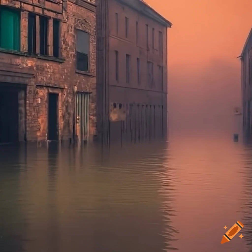 Close-up of flooded storefront with sinking buildings into the ocean in ...