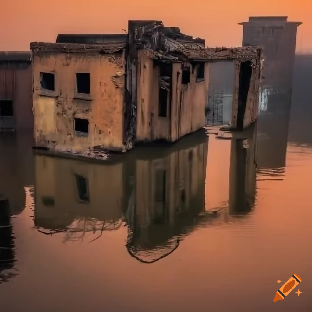 Close-up view of destroyed boxes and tires in flooded industrial ...