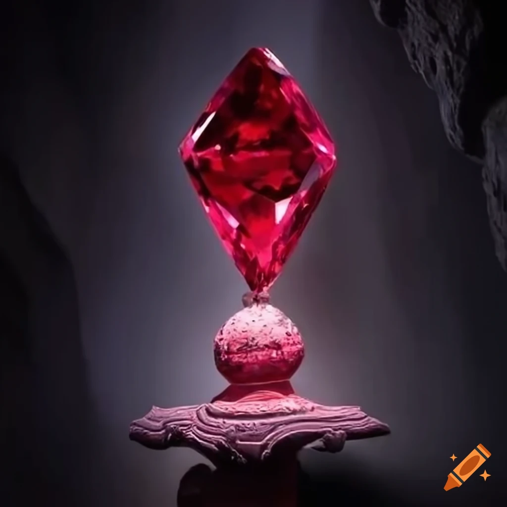 Red diamond-shaped ruby atop ornate pedestal in ancient cave chamber on ...