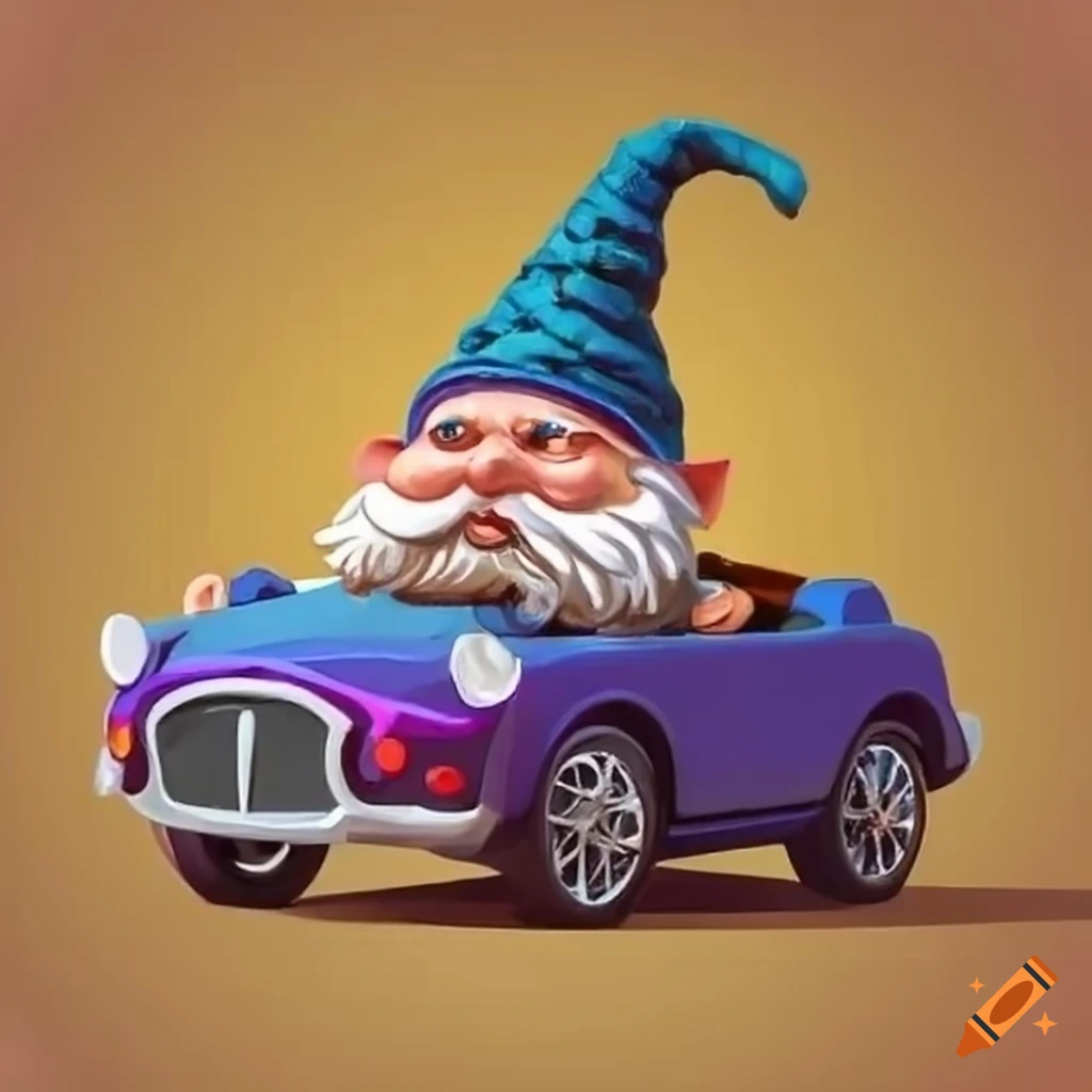 Gnome with sunglasses driving a convertible on Craiyon