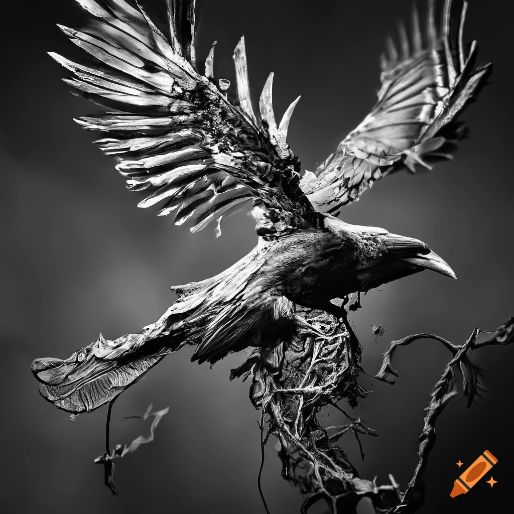 Bio mechanical raven made from roots, vines, and torn fabric in flight ...