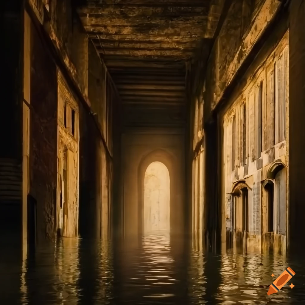Crumbling flooded corridor leading to abandoned buildings sinking into ...