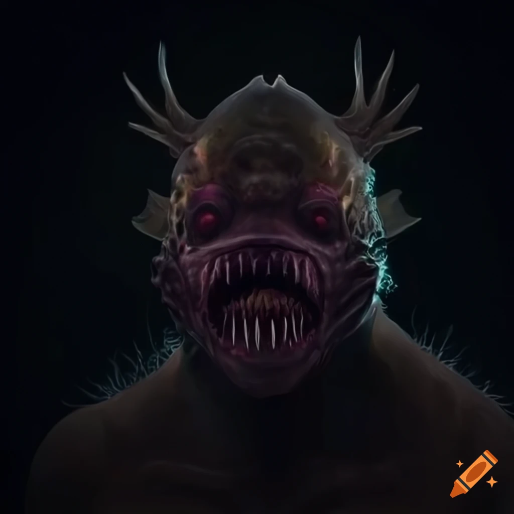 Muscular humanoid anglerfish deep sea monster portrait in black with ...