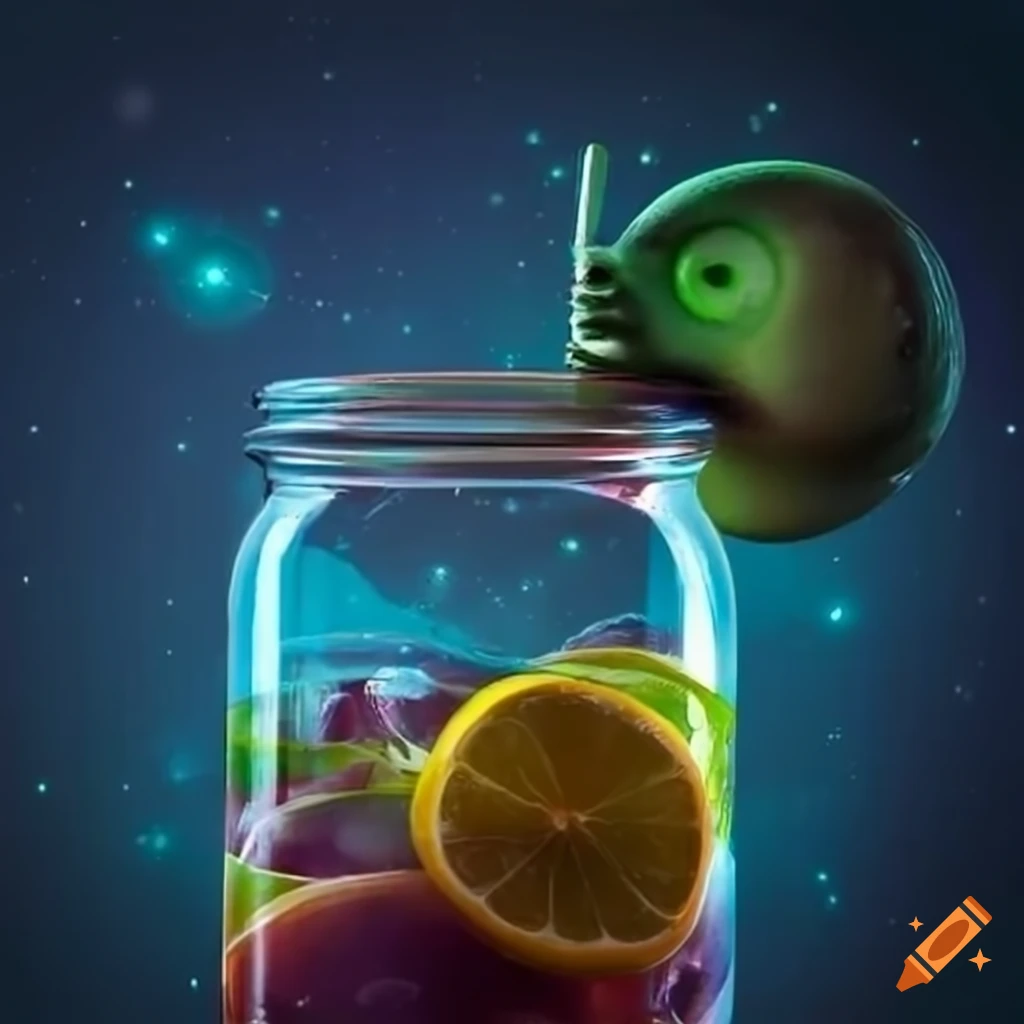 Alien drinking from a jar in a space-themed illustration on Craiyon
