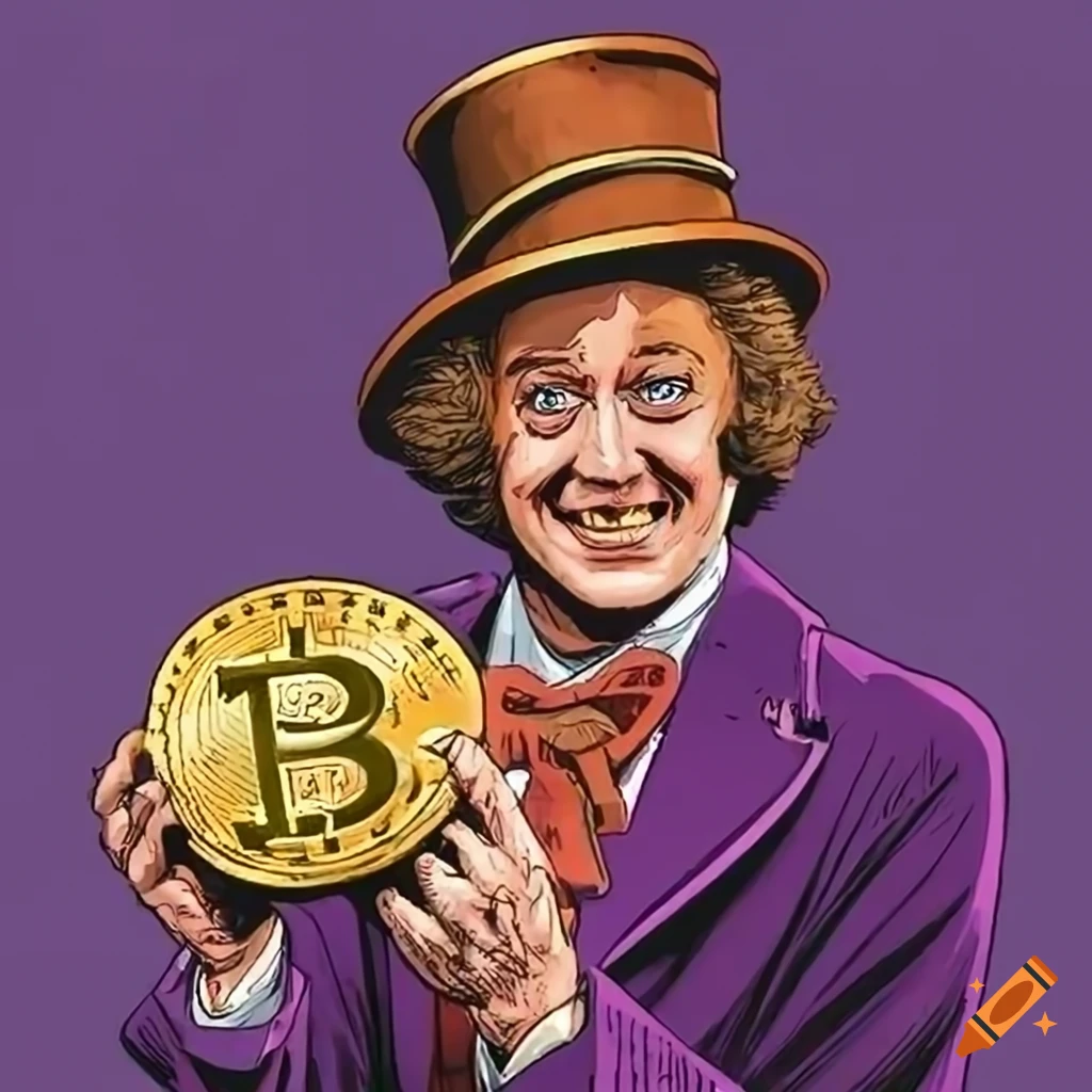 Willy wonka eating bitcoin for breakfast in 80s comic book style on Craiyon