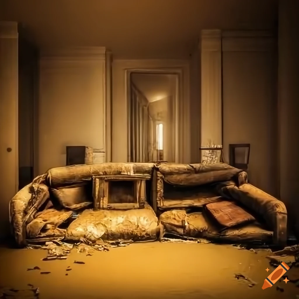 View of a destroyed couch in flooded penthouse with sinking buildings ...