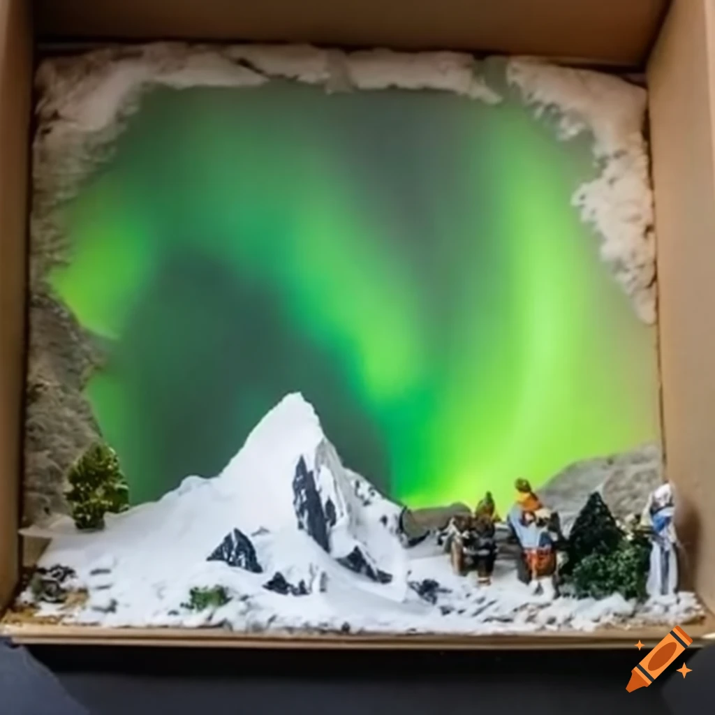 Snowy mountain with northern lights in a diorama on Craiyon