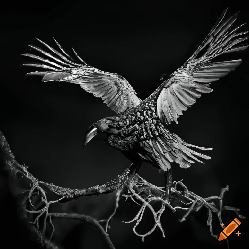 Bio mechanical raven made from roots, vines, and torn fabric in flight ...