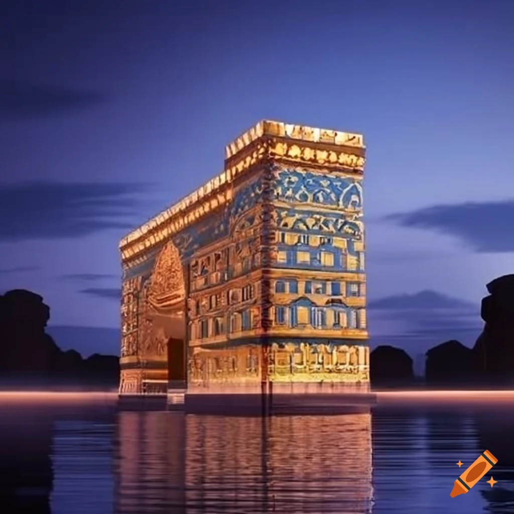 Modern hotel with Ishtar Gate design element on Craiyon