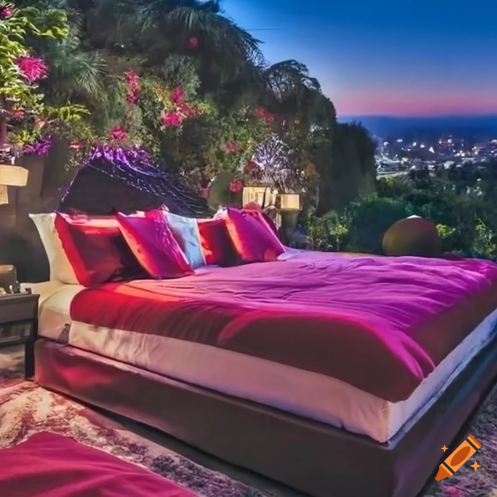 Luxurious 1980's cinematic bed with red silk sheets overlooking ...