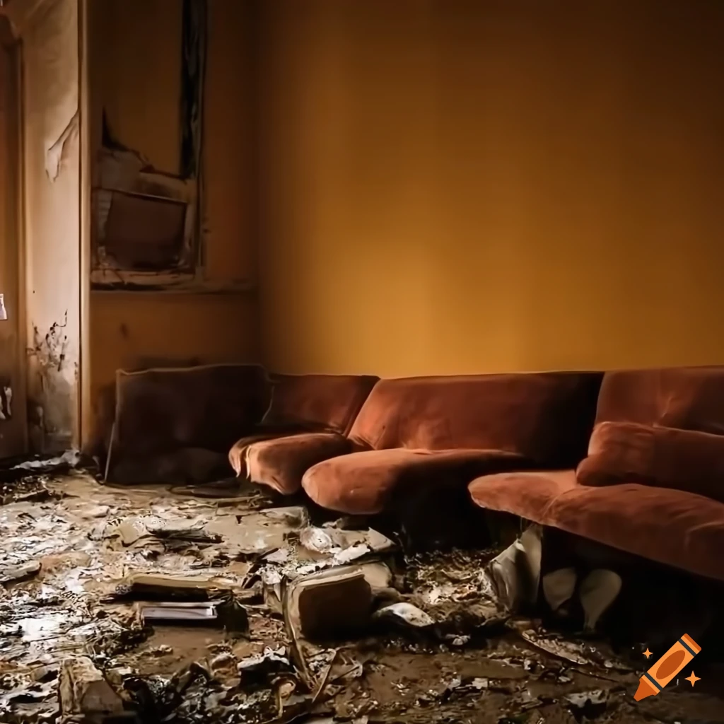 Destroyed velvet couch in flooded penthouse with sinking buildings in ...