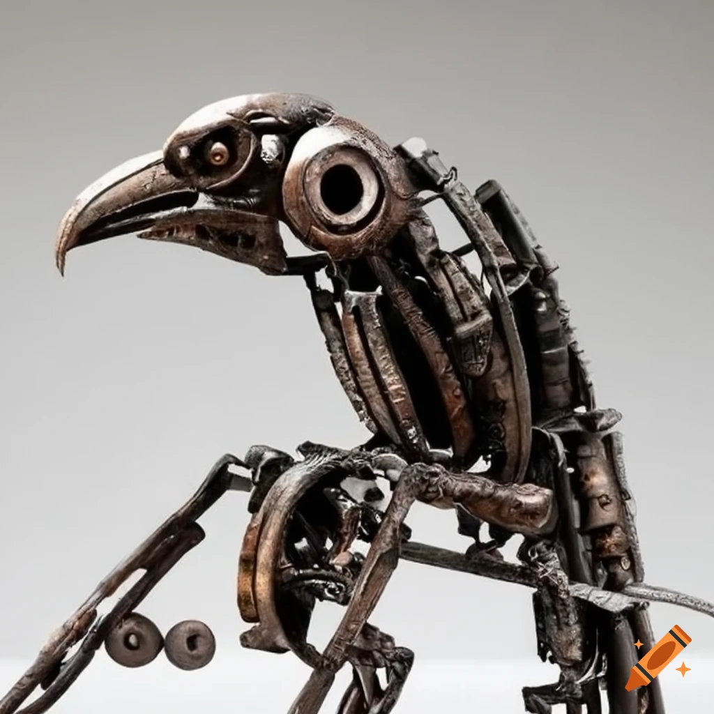 Biomechanical corroded crow sculpture crafted from scrap metal on Craiyon
