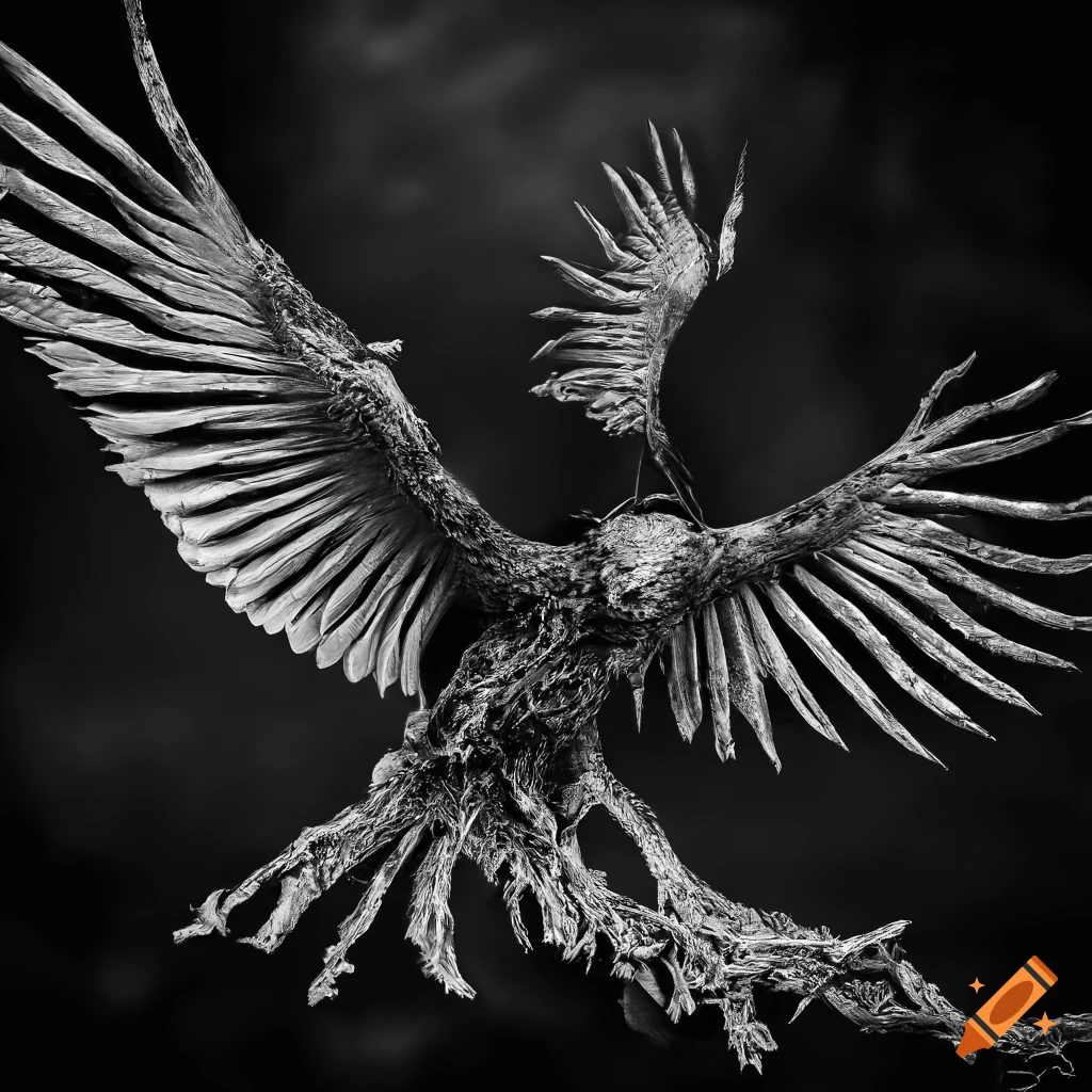 Bio mechanical raven made from roots, vines, and torn fabric in flight ...